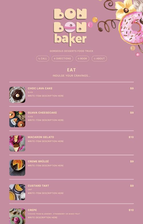 Free Dessert Food Truck Menu Template | Menuzen