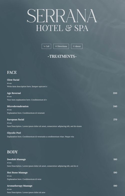 Free Spa Menu Template | Menuzen