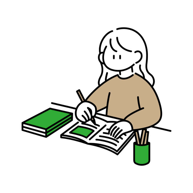shigureni free illust │ ノートを綺麗にまとめることに集中しすぎて内容があまり頭に入っていない女の子のイラスト