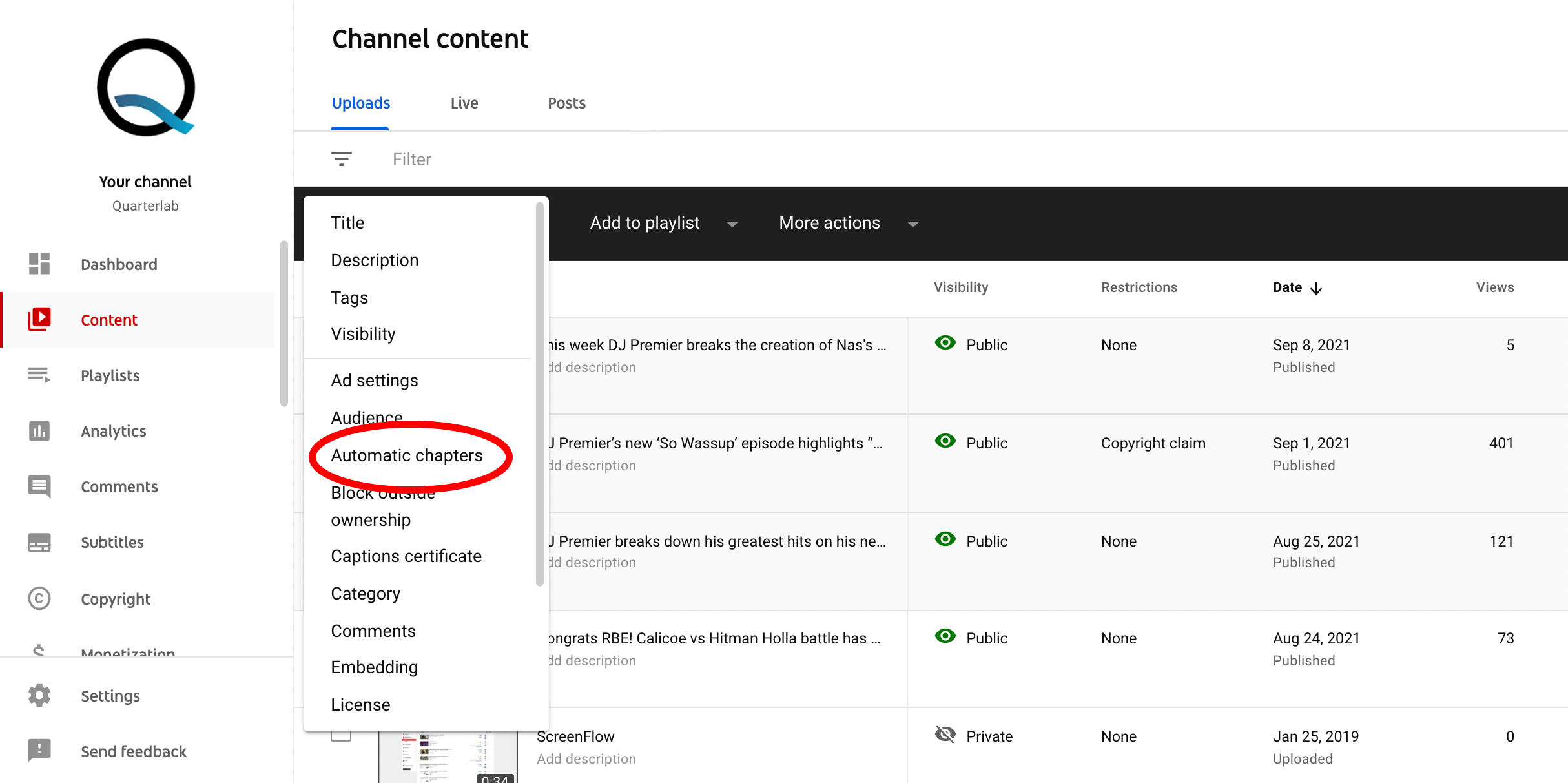 Quarterlab | How To Manage YouTube's Automatic Video Chapters