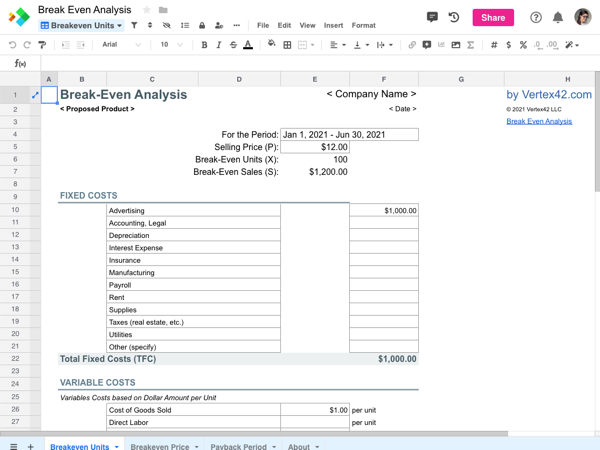 Free Break Even Analysis Template Spreadsheet Templates 2022 
