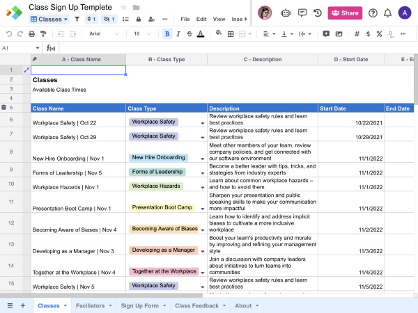 Class Sign Up Spreadsheet Template | Class Registration Sheet