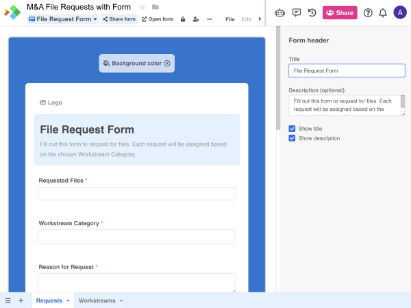 M&A Document Request Template with Form | Spreadsheet.com