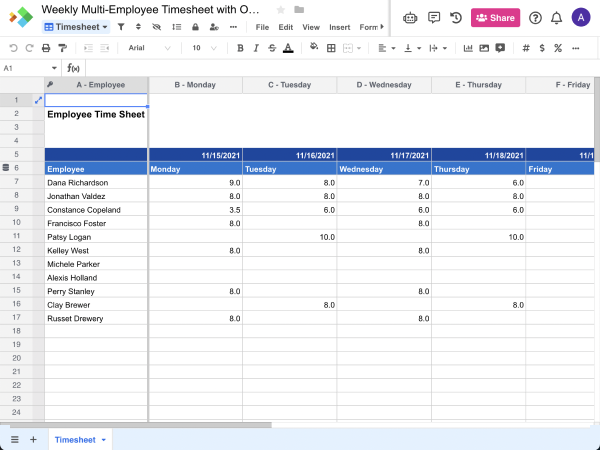 Timesheet Template With Overtime Sick Days Vacation Tracker