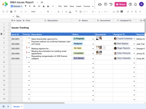 M&A Issues List Template | Spreadsheet.com