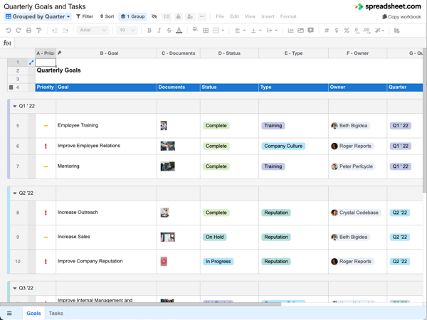 Track Quarterly Goals & Tasks | Spreadsheet.com Template