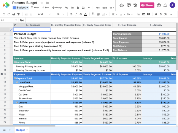 Personal Budget Template Spreadsheet