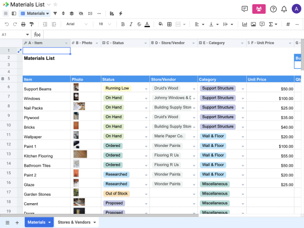 Material List Template Construction Project Templates