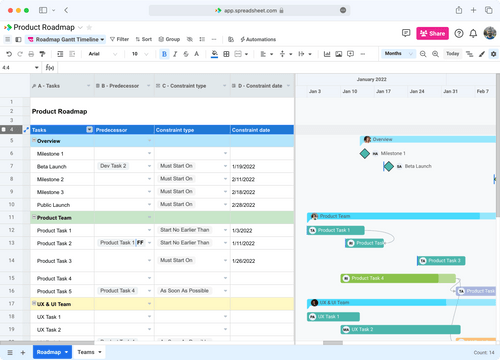 How to Use Gantt Charts with Constraints in Spreadsheet.com
