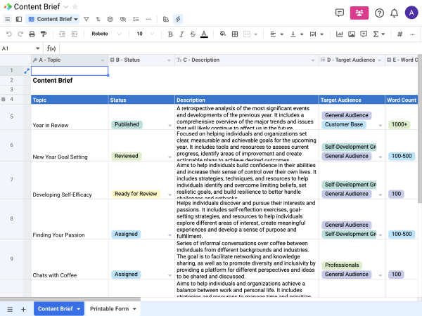 Content Brief Template | Spreadsheet.com