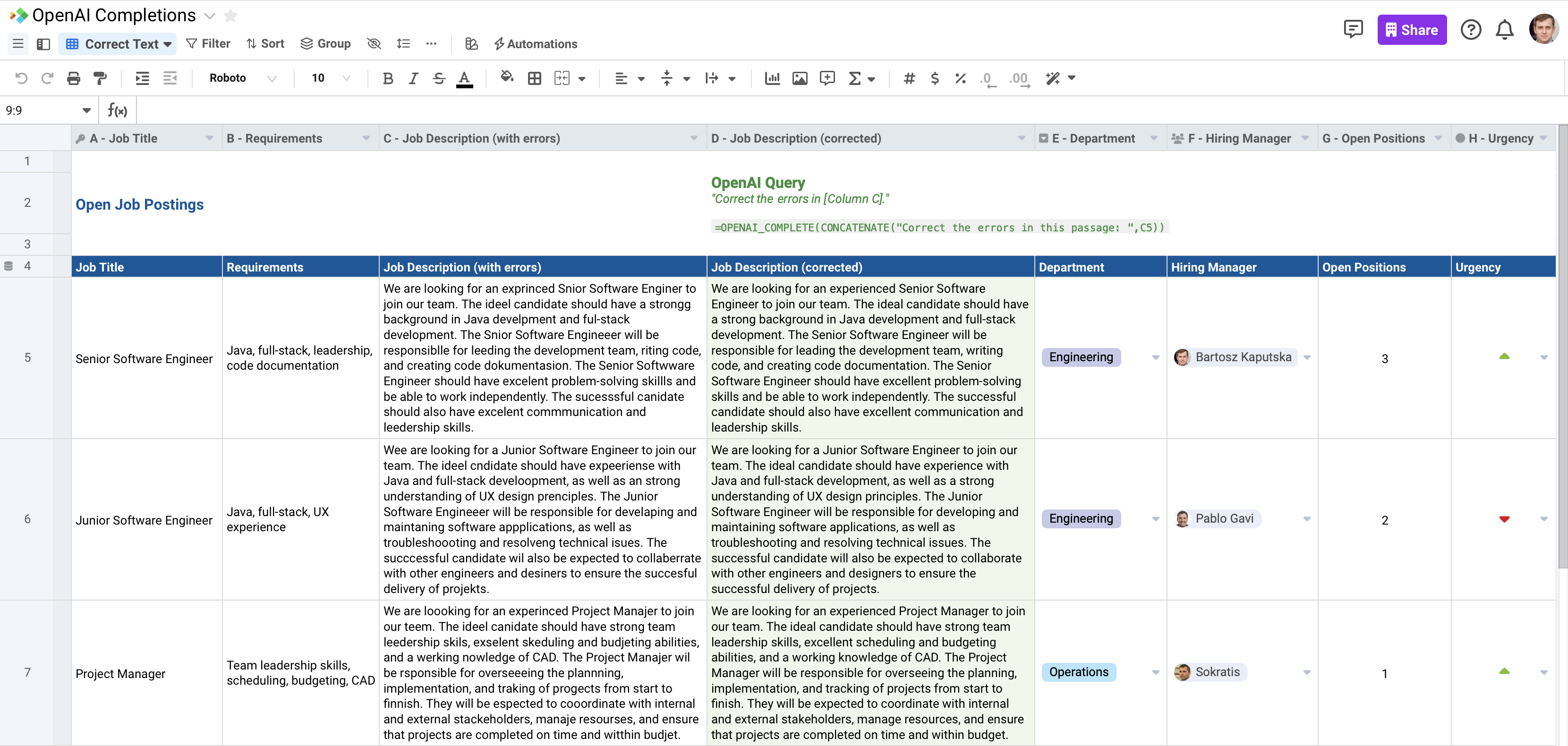 How to use OpenAI Completions in Spreadsheet.com