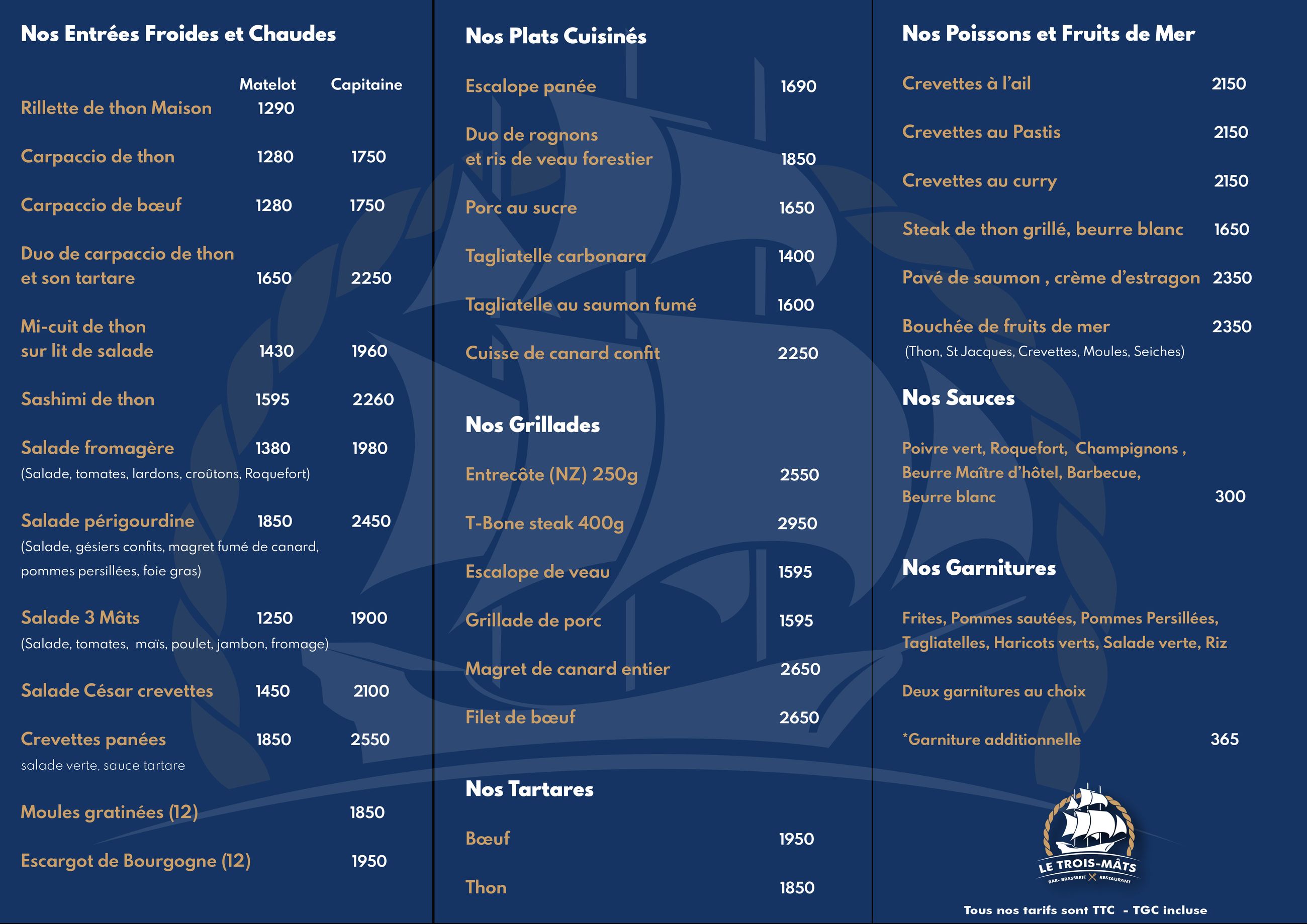 Le 3 Mâts - Consultez notre menu sur Miam.nc
