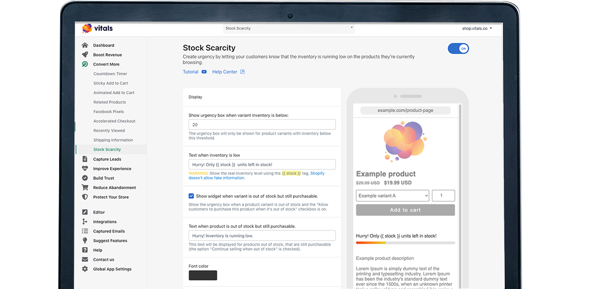 Stock Scarcity Shopify App: Increase Conversions | Vitals
