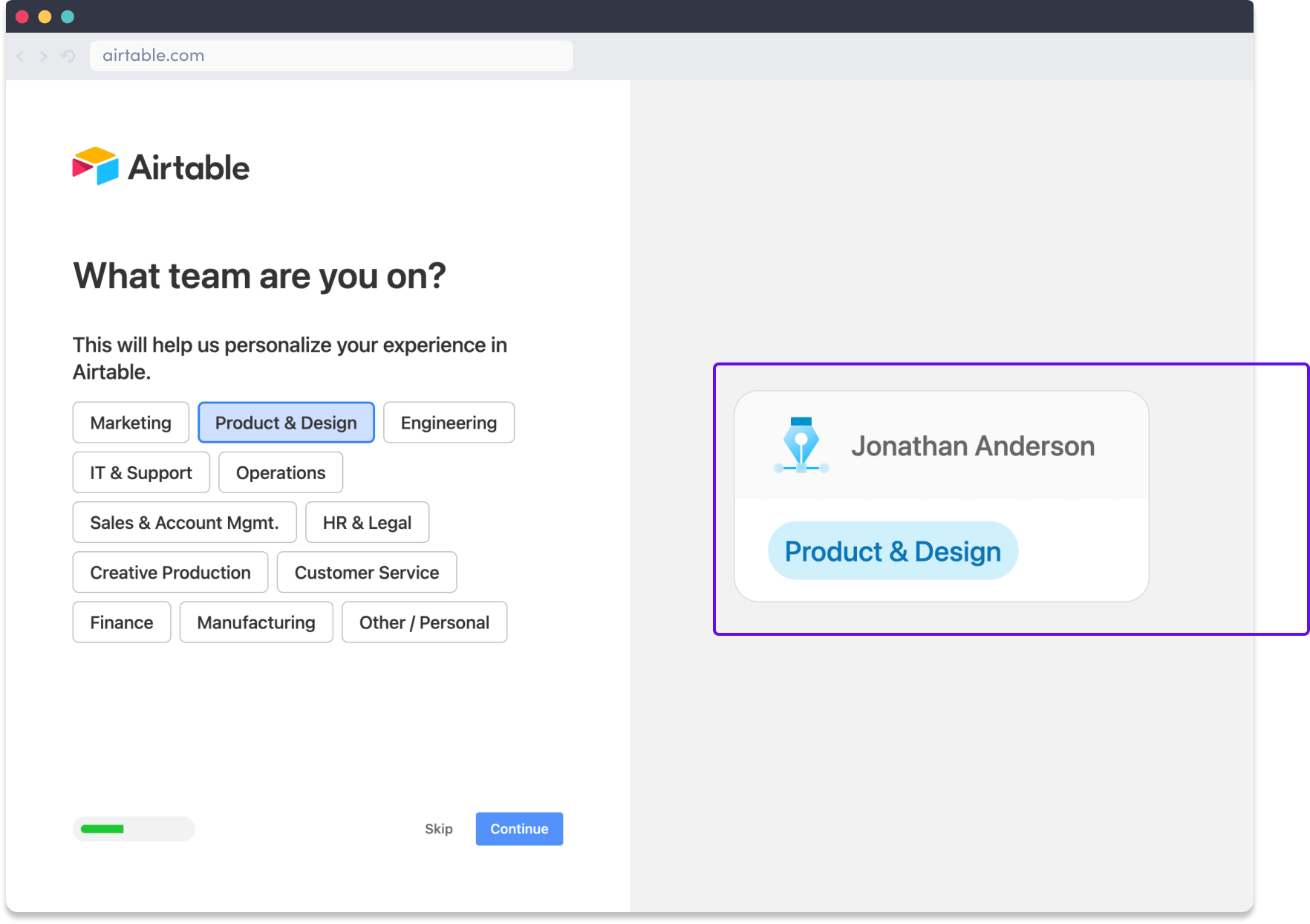 Explore Airtable's best-in-class onboarding wizard