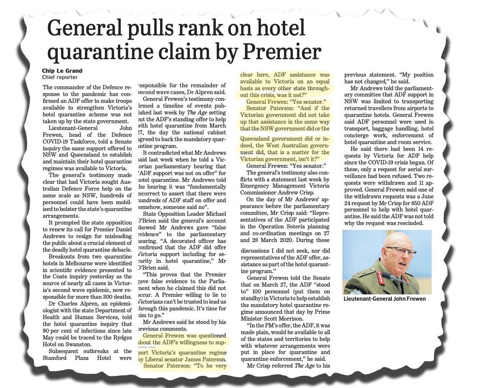 General pulls rank on hotel quarantine claim by Premier