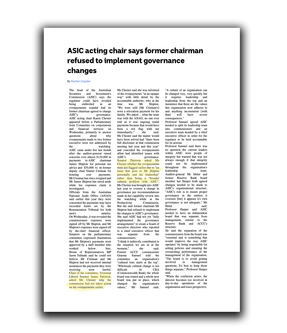 ASIC acting chair says former chairman refused to implement governance ...