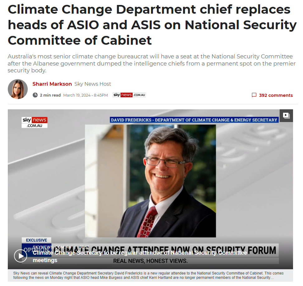Climate Change Department chief replaces heads of ASIO and ASIS on National Security Committee ...