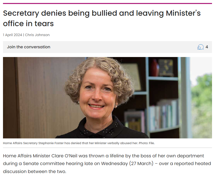 Secretary denies being bullied and leaving Minister's office in tears