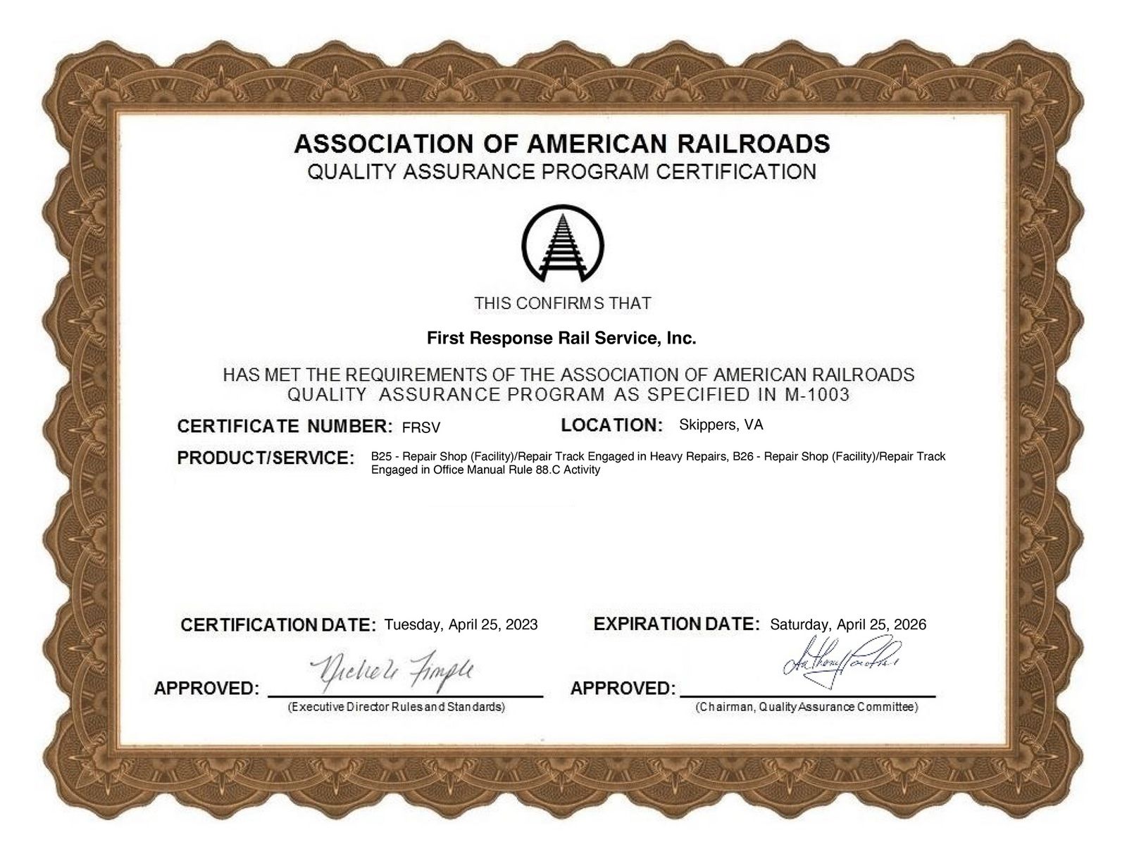 AAR M-1003 Certification