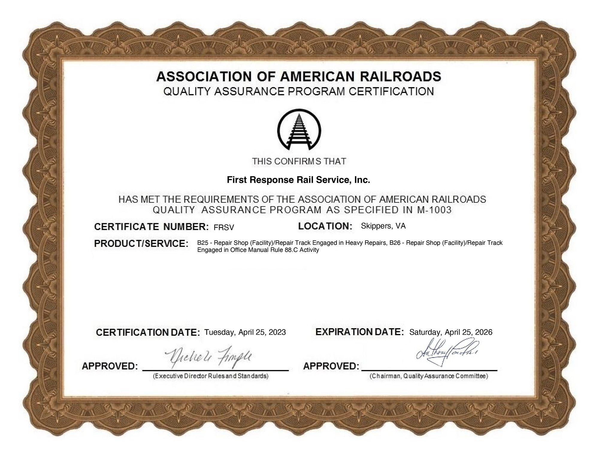 AAR M-1003 Certification