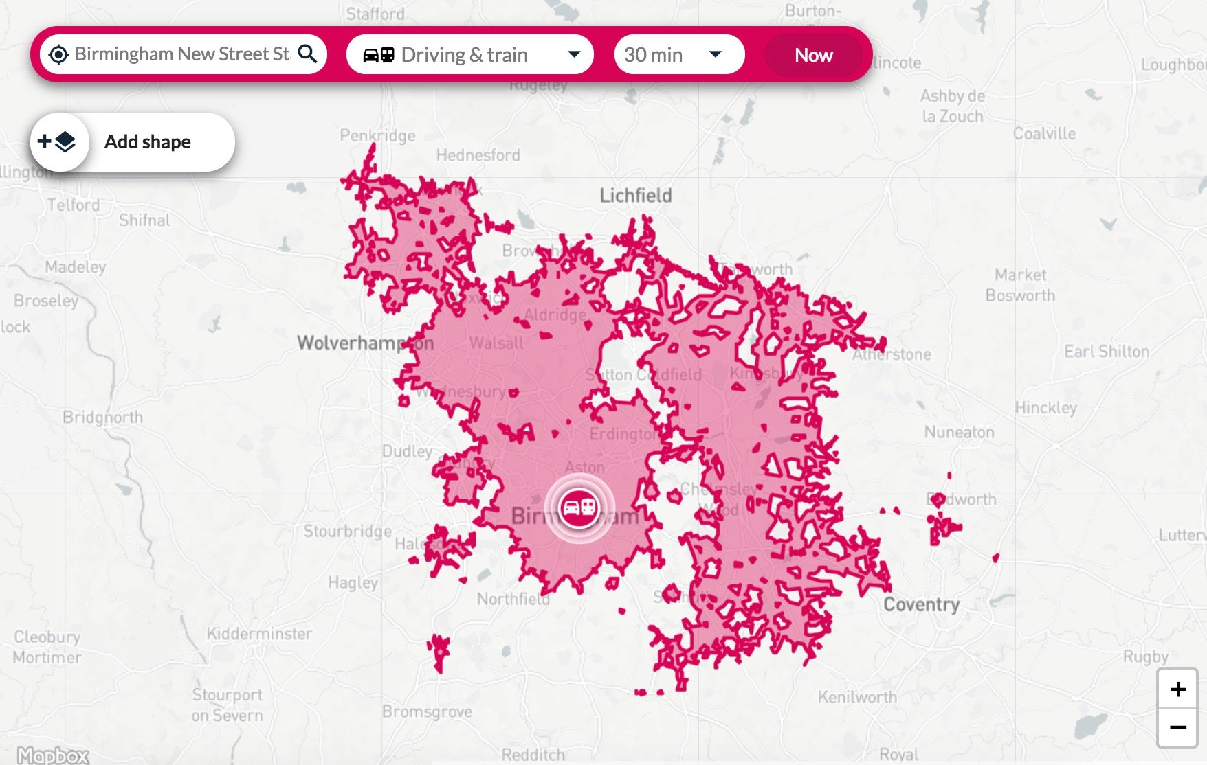A Travel Time Map that Shows Reachable Areas by Driving and Train | Blog