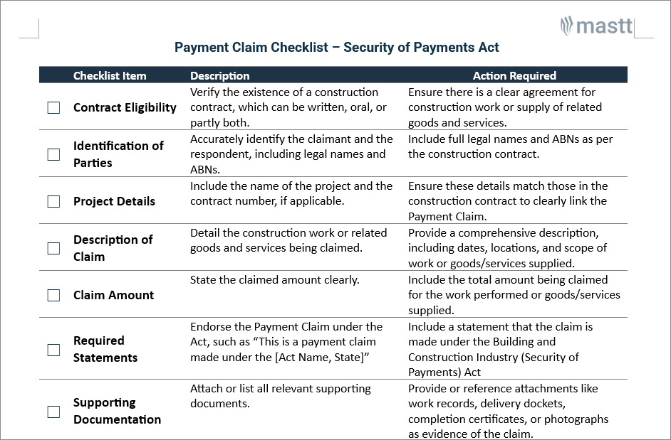 Payment Claim Template Checklist for Security of Payment ACT Template ...