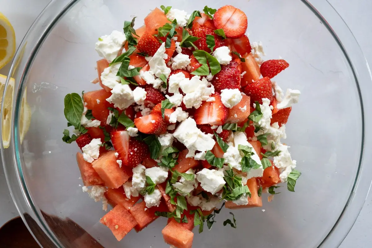 Easy Watermelon Basil Salad with Strawberries and Feta