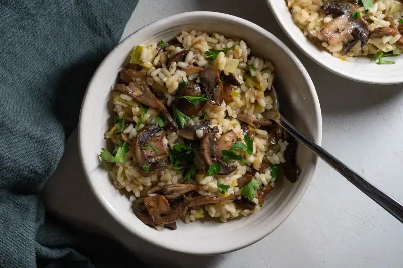 Vegan Mushroom and Leek Risotto with Miso Mushrooms