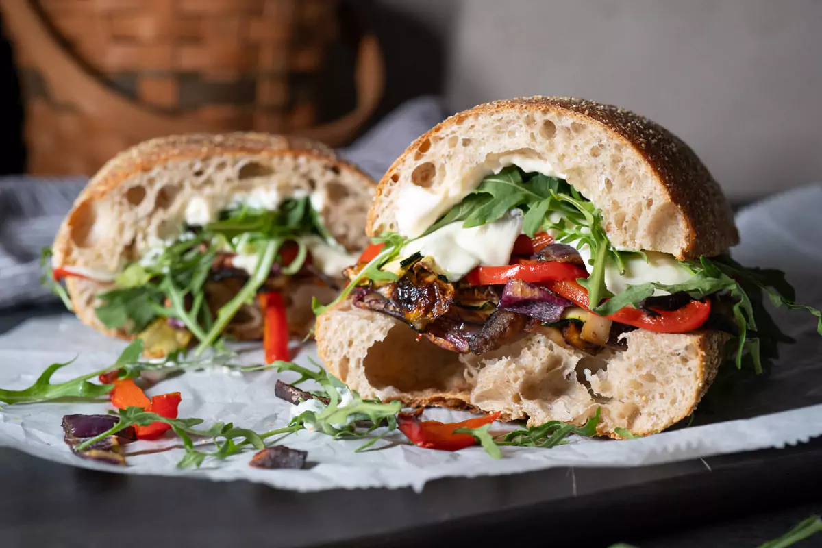 Vegetarian Ciabatta Sandwich with Roasted Garlic Sauce