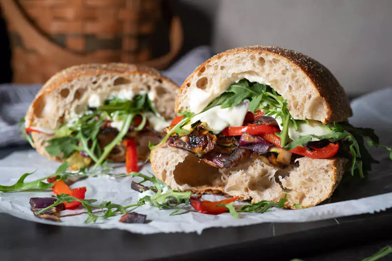 Vegetarian Ciabatta Sandwich with Roasted Garlic Sauce