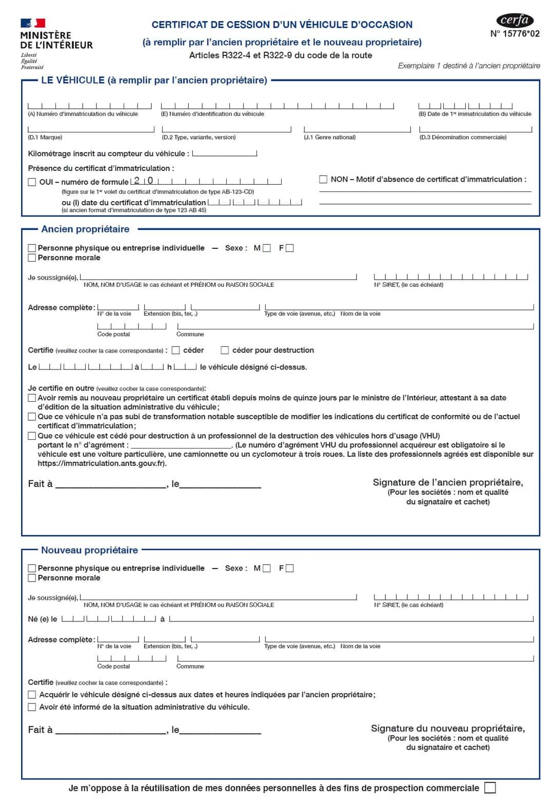 Comment remplir le certificat de cession avec cotitulaire