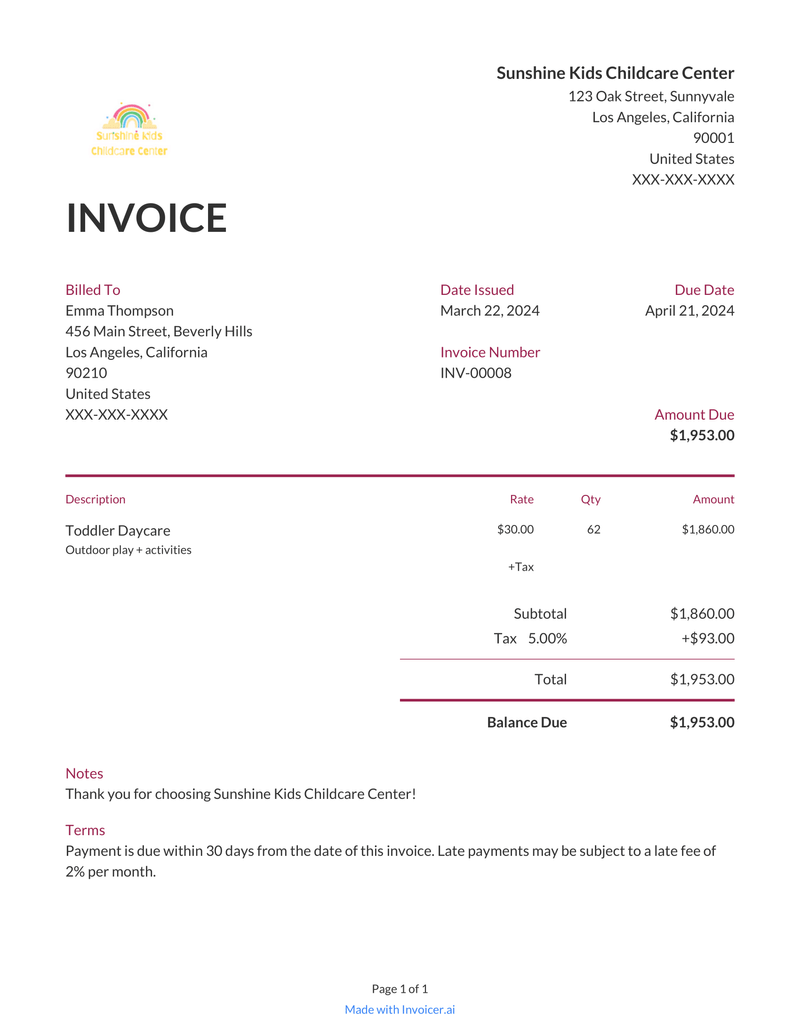 Child Care Invoice Templates