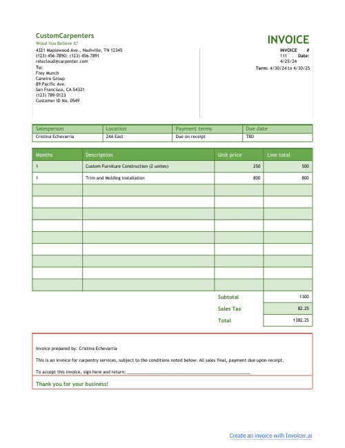Carpentry Invoice Templates