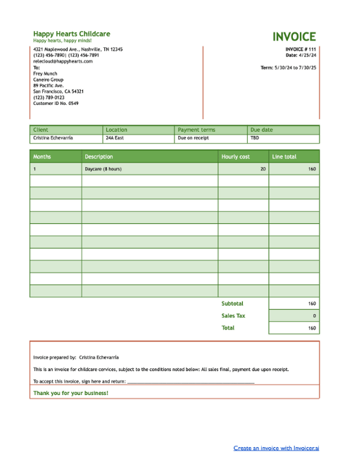 Child Care Invoice Templates