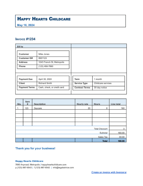 Child Care Invoice Templates