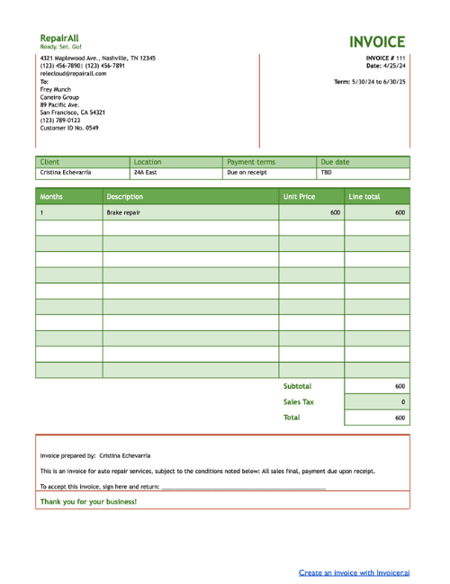Auto Repair Invoice Templates