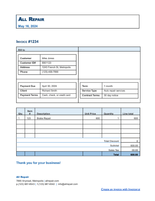 Auto Repair Invoice Templates