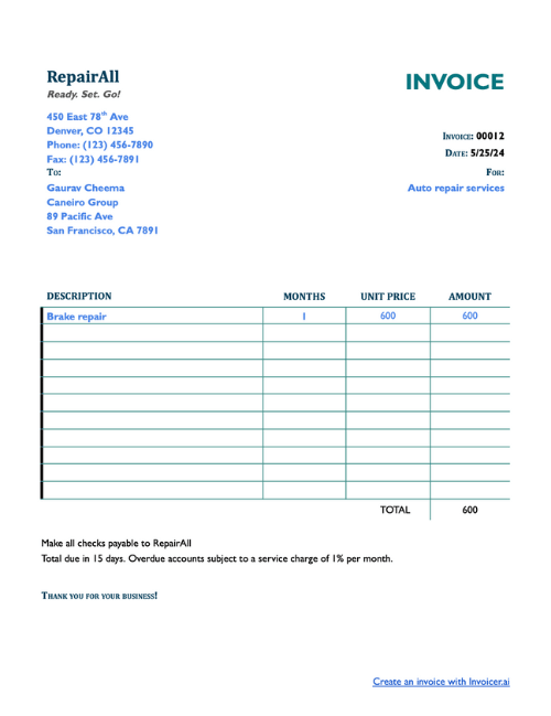 Auto Repair Invoice Templates