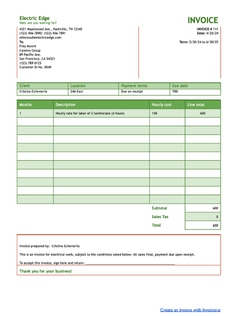 Electrician Invoice Templates