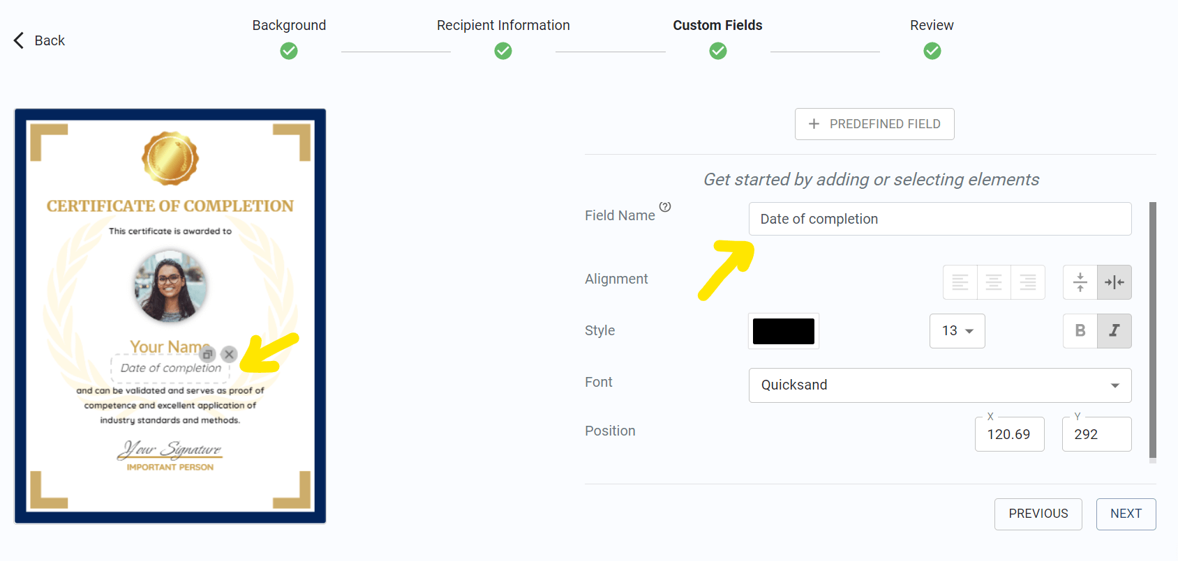 How to add placeholder fields to digital certificates