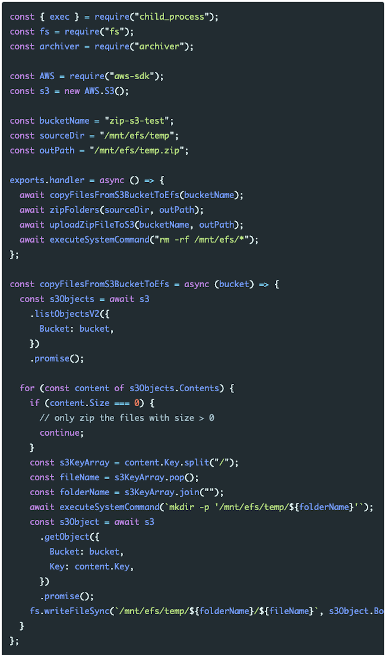 Zipping Large Size S3 Folders and Files Using Node.js Lambda And EFS