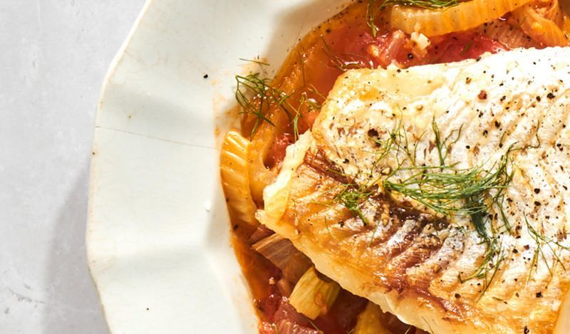 Pacific Cod with Spicy Stewed Tomatoes, Fennel and Basil