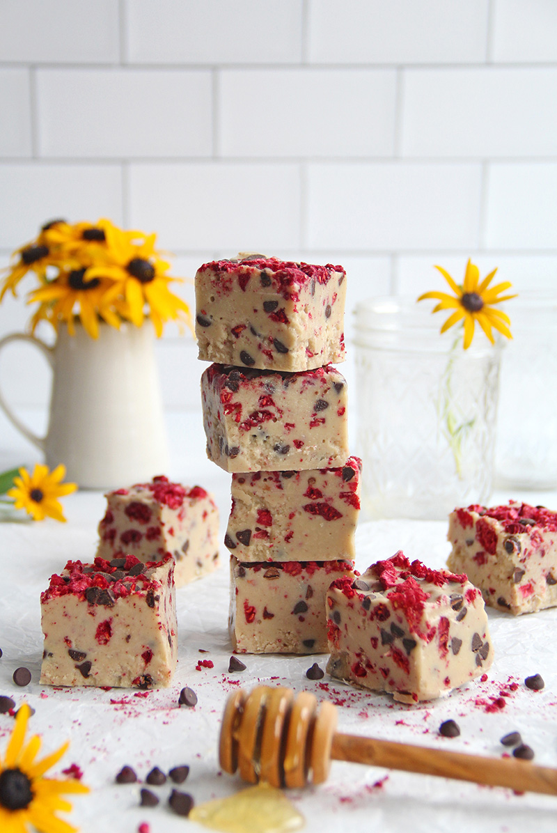 Healthy Honey Raspberry Chocolate Chip Freezer Fudge