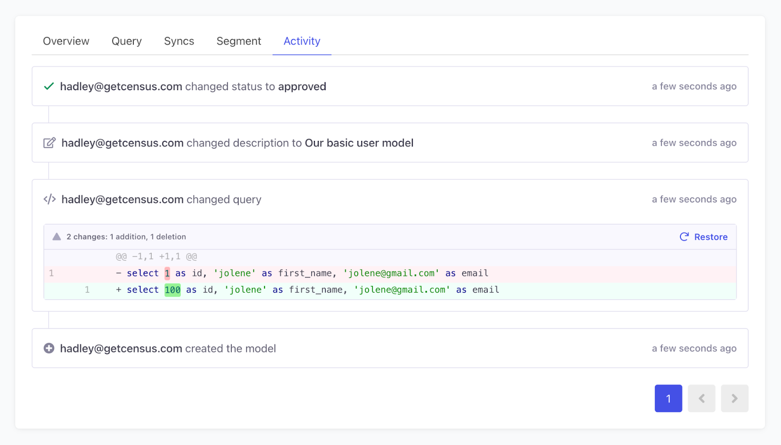 Model Activity improvements: View & revert changes to SQL models in Census