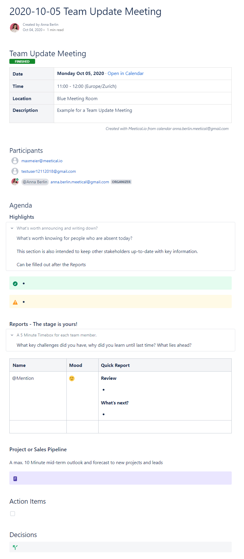 Meeting Templates for Confluence (included with Meetical)