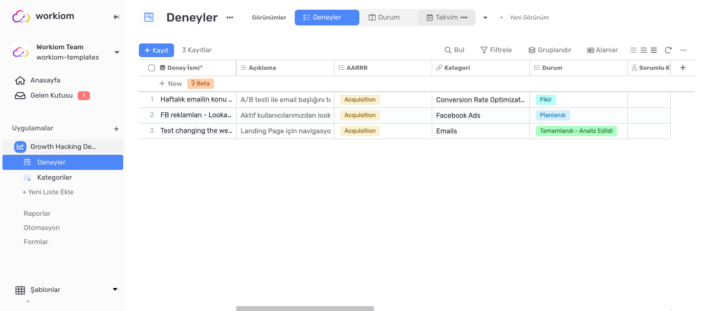 Growth Hacking Deneyleri - Workiom Şablonları Merkezi