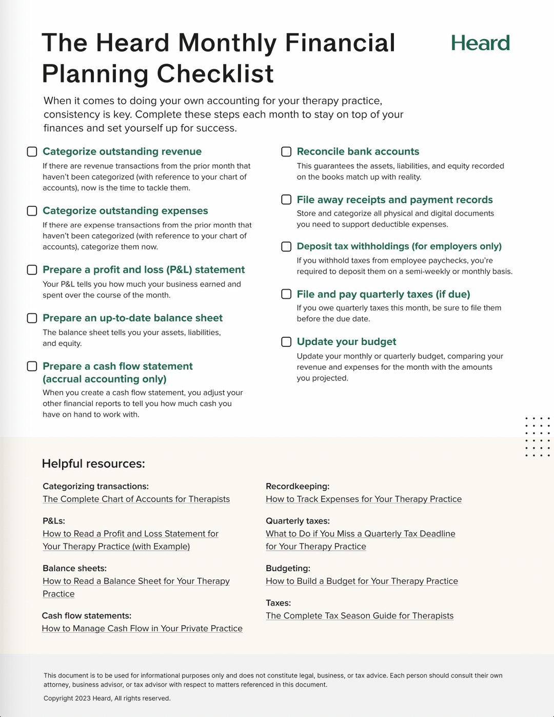 The Heard Monthly Financial Planning Checklist | Heard
