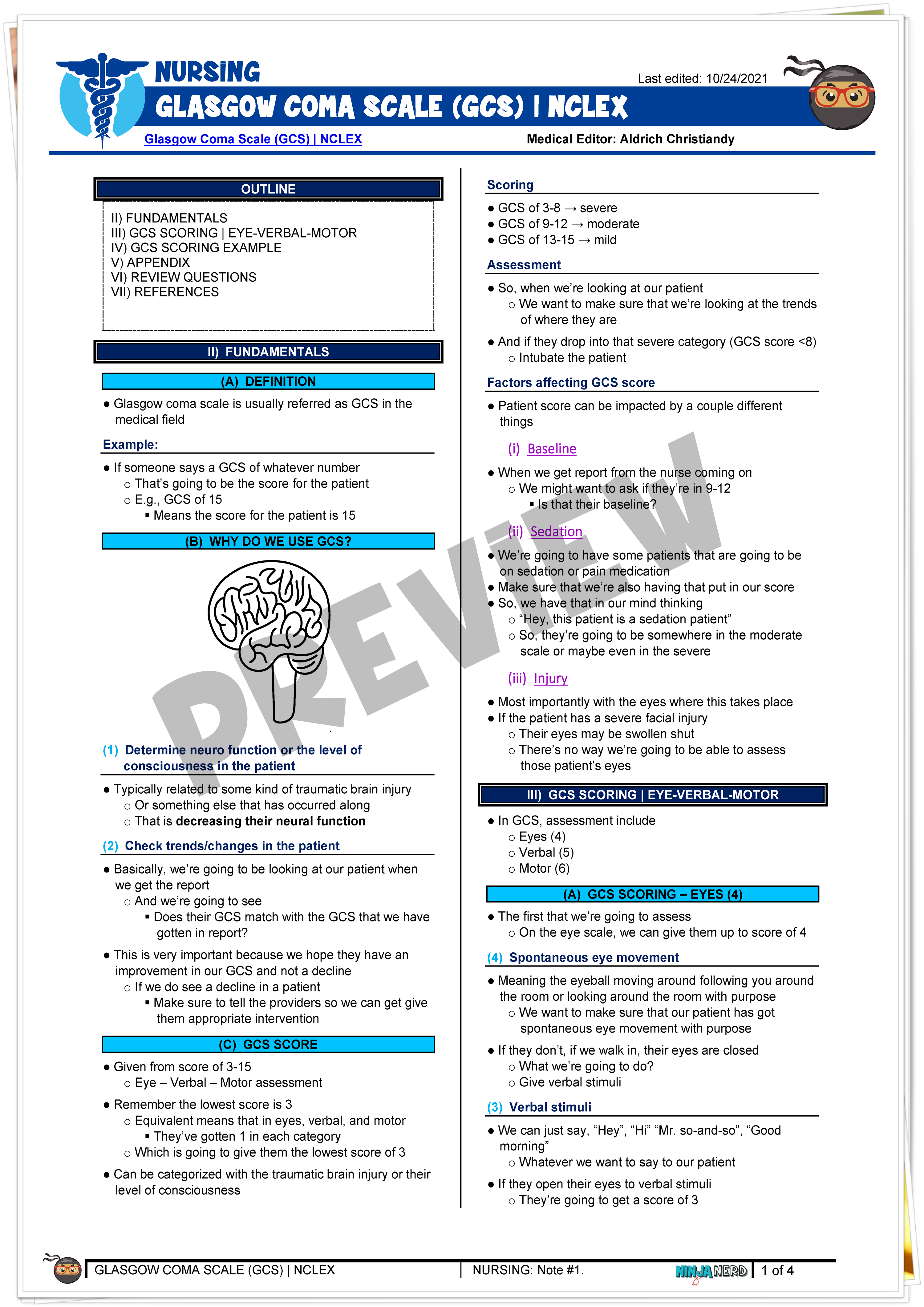 Glasgow Coma Scale (GCS) - Notes - NinjaNerd Medicine