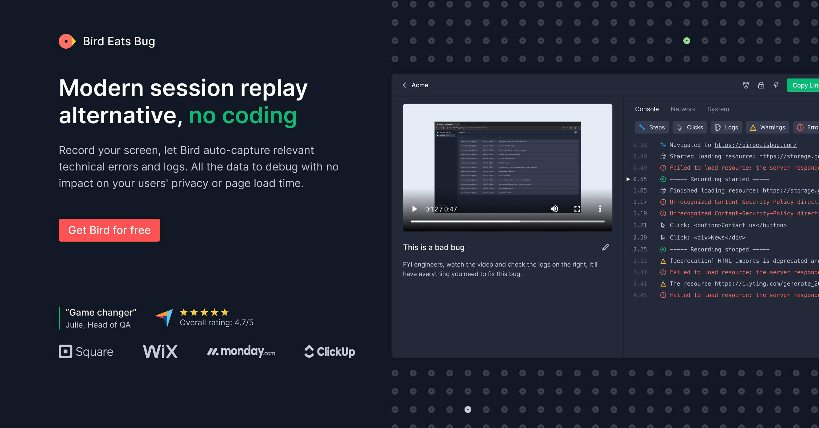 Report and solve bugs faster with session replay | Bird Eats Bug