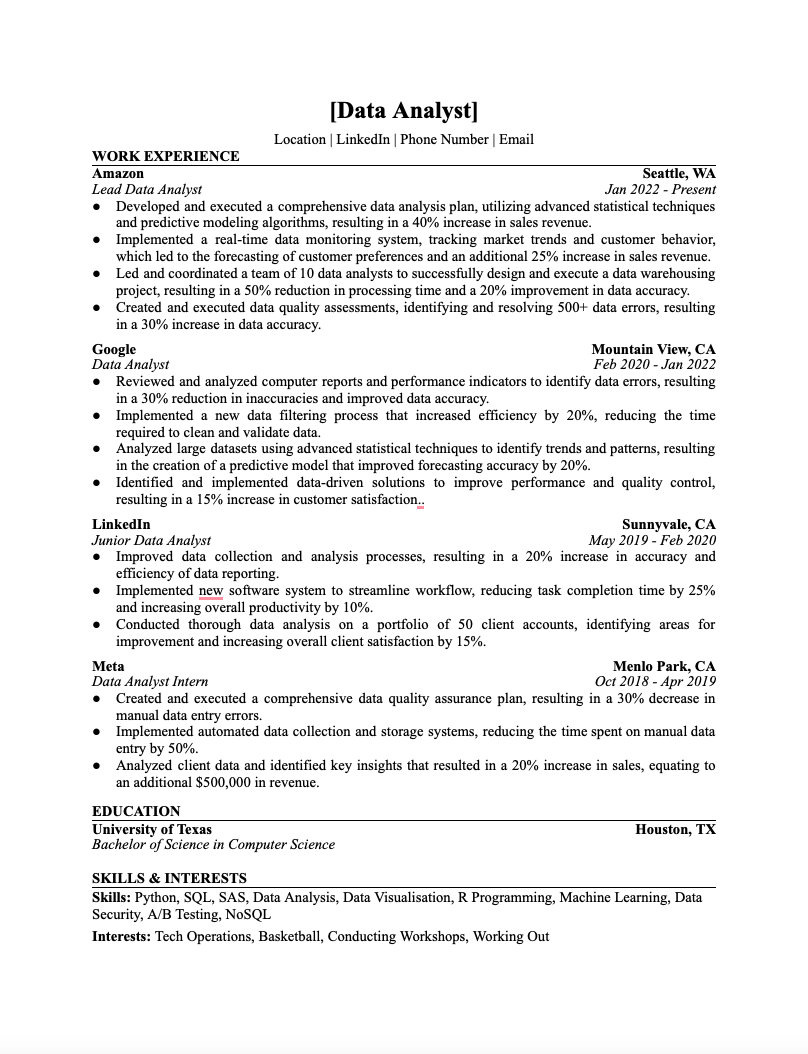 Wonsulting - Data Analyst Resume Template